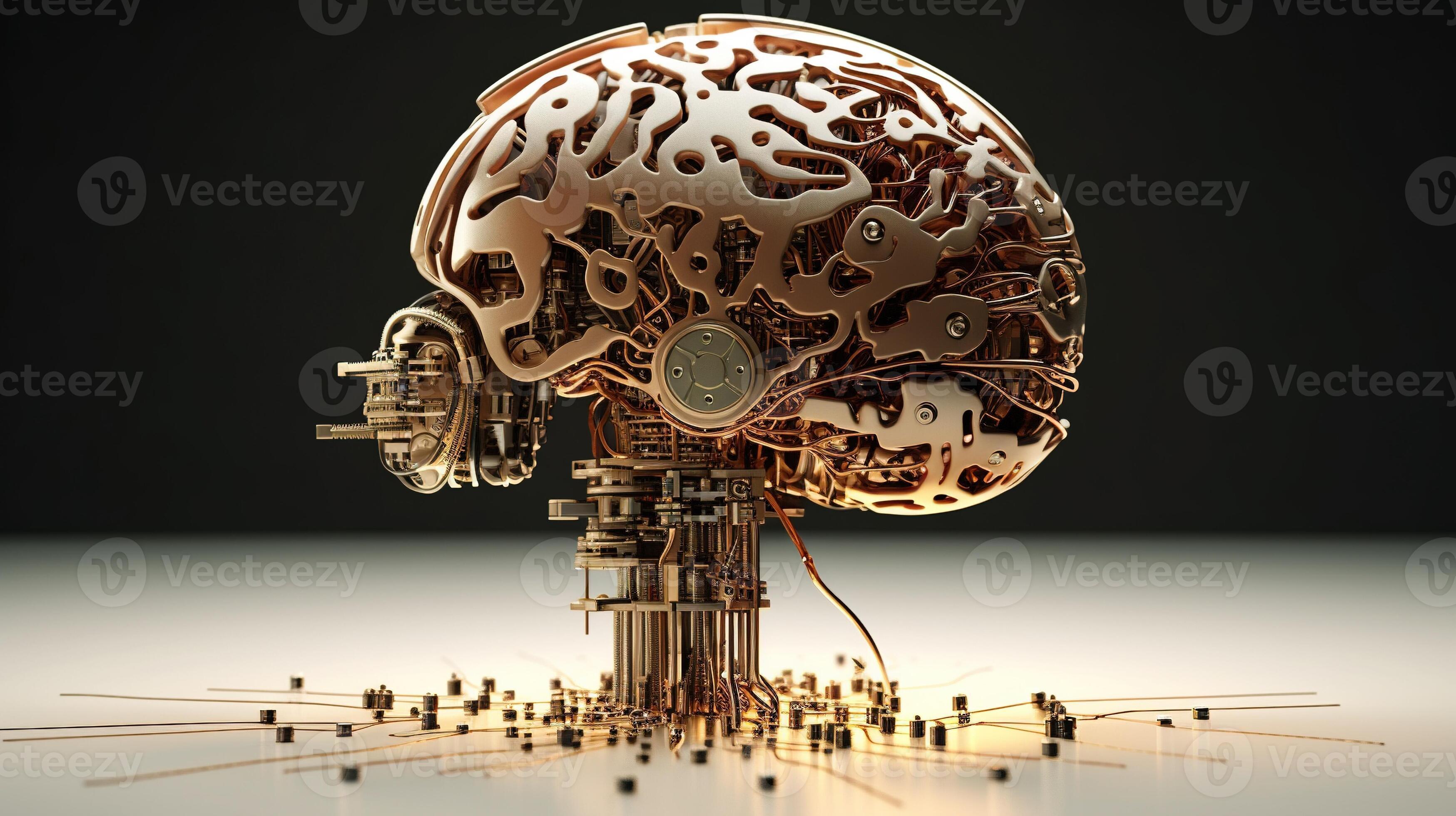 , human brain and artificial intelligence concept, big data processing, computer motherboard ...