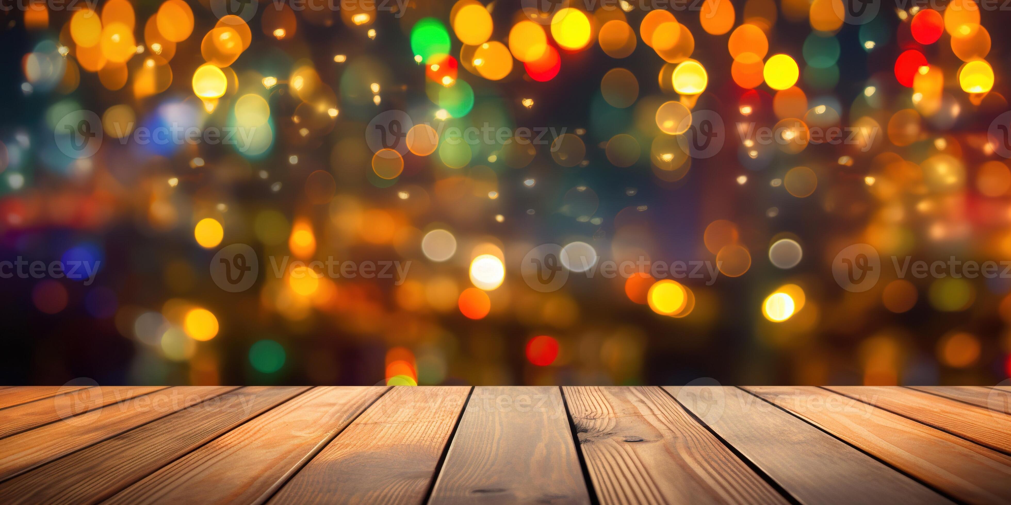 , Empty wooden table top with blurred lights bokeh background. 25517333 Stock Photo at Vecteezy
