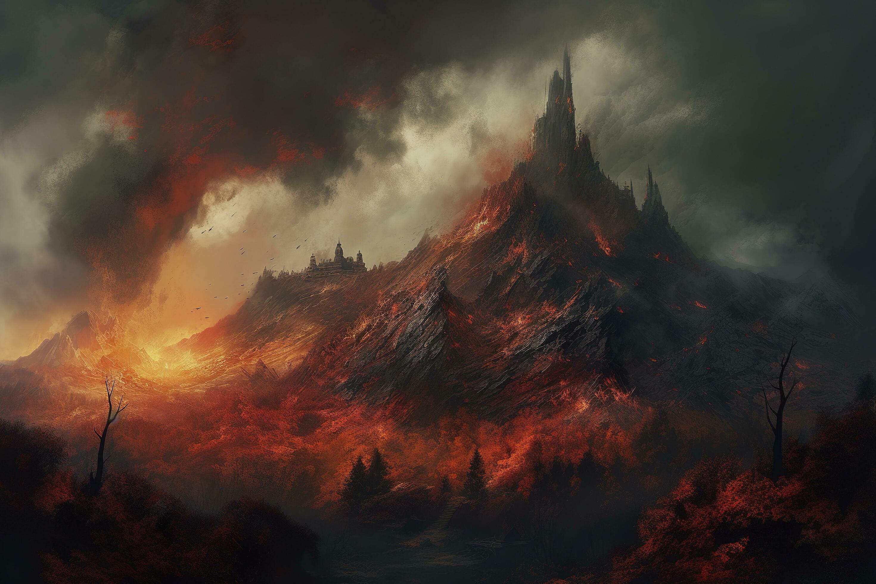 Concept art illustration of Mordor land, Mount Doom volcano in Mordor ...
