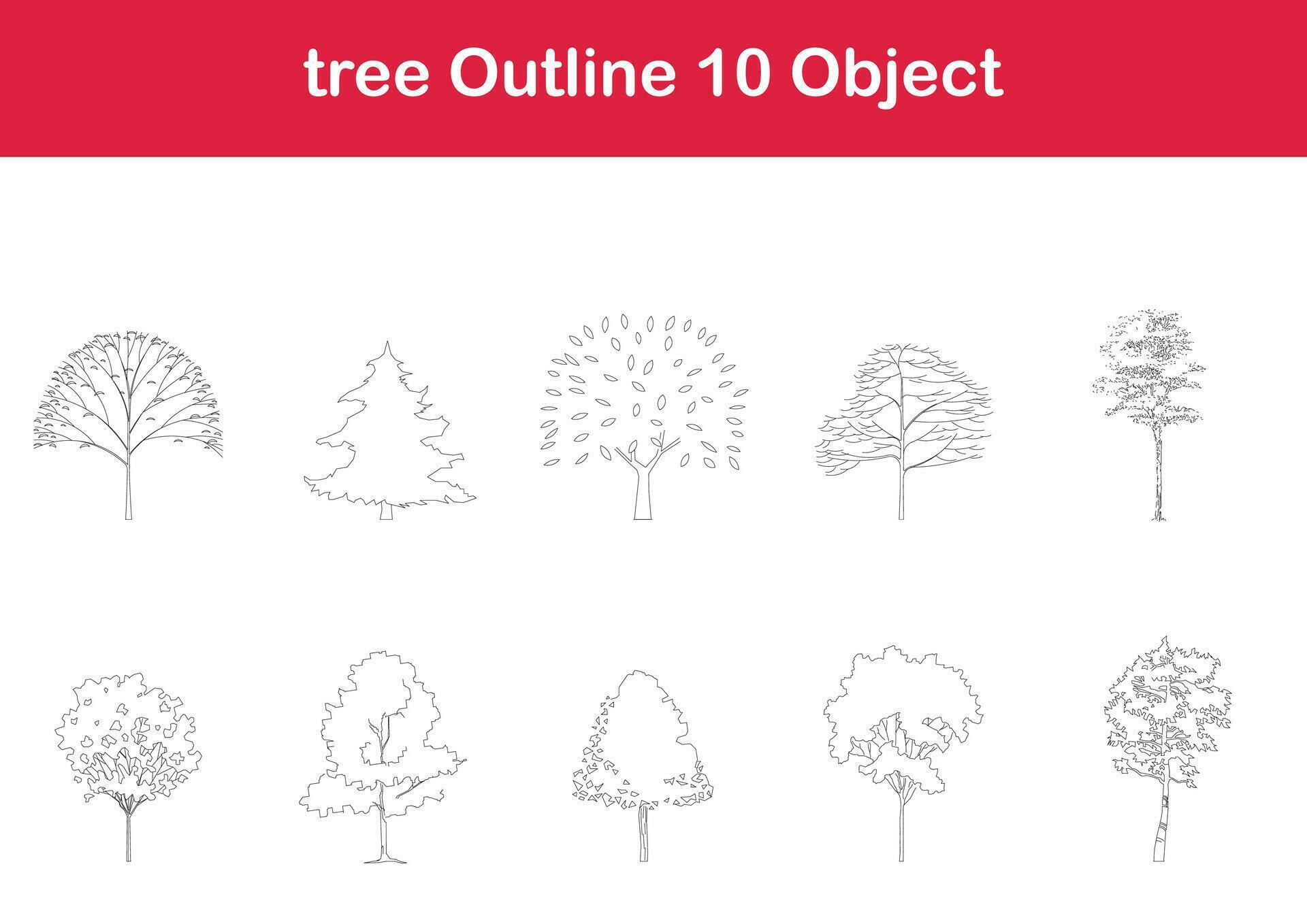 tree line drawing, Side view, graphics trees elements single object outline minimal plant symbol ...