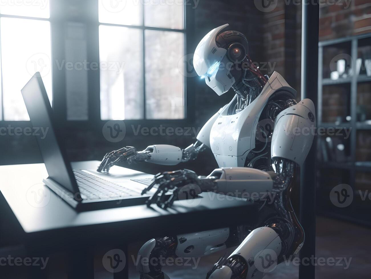 Futuristic robot using computer. 25529355 Stock Photo at Vecteezy