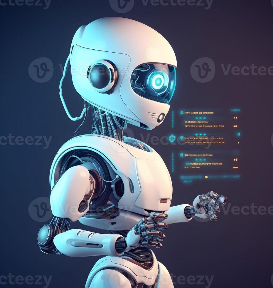 Robot beside data screen. Concept of chatbot with AI. AI generated ... Robot beside data screen. Concept of chatbot with AI. AI generated ...