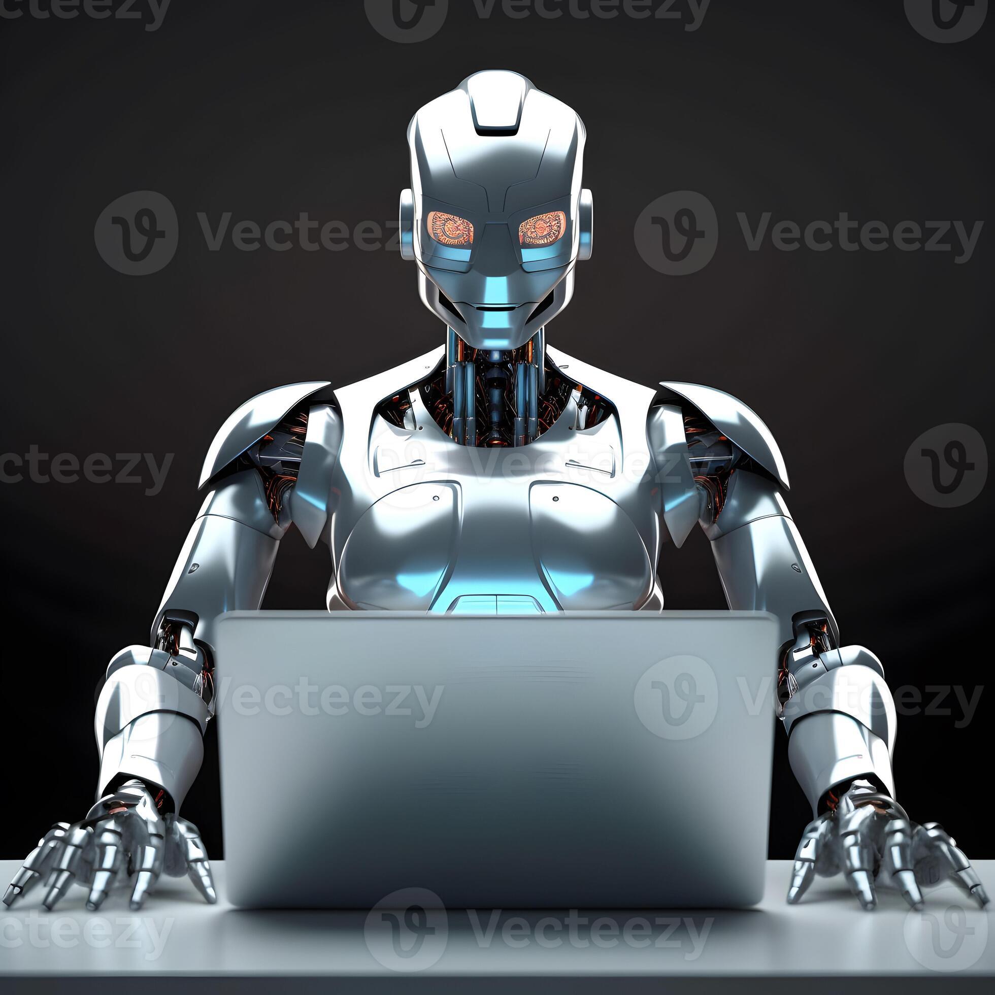 Futuristic robot using computer laptop. 25529576 Stock Photo at Vecteezy