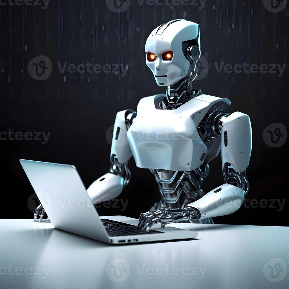 Futuristic robot using computer laptop. 25529577 Stock Photo at Vecteezy