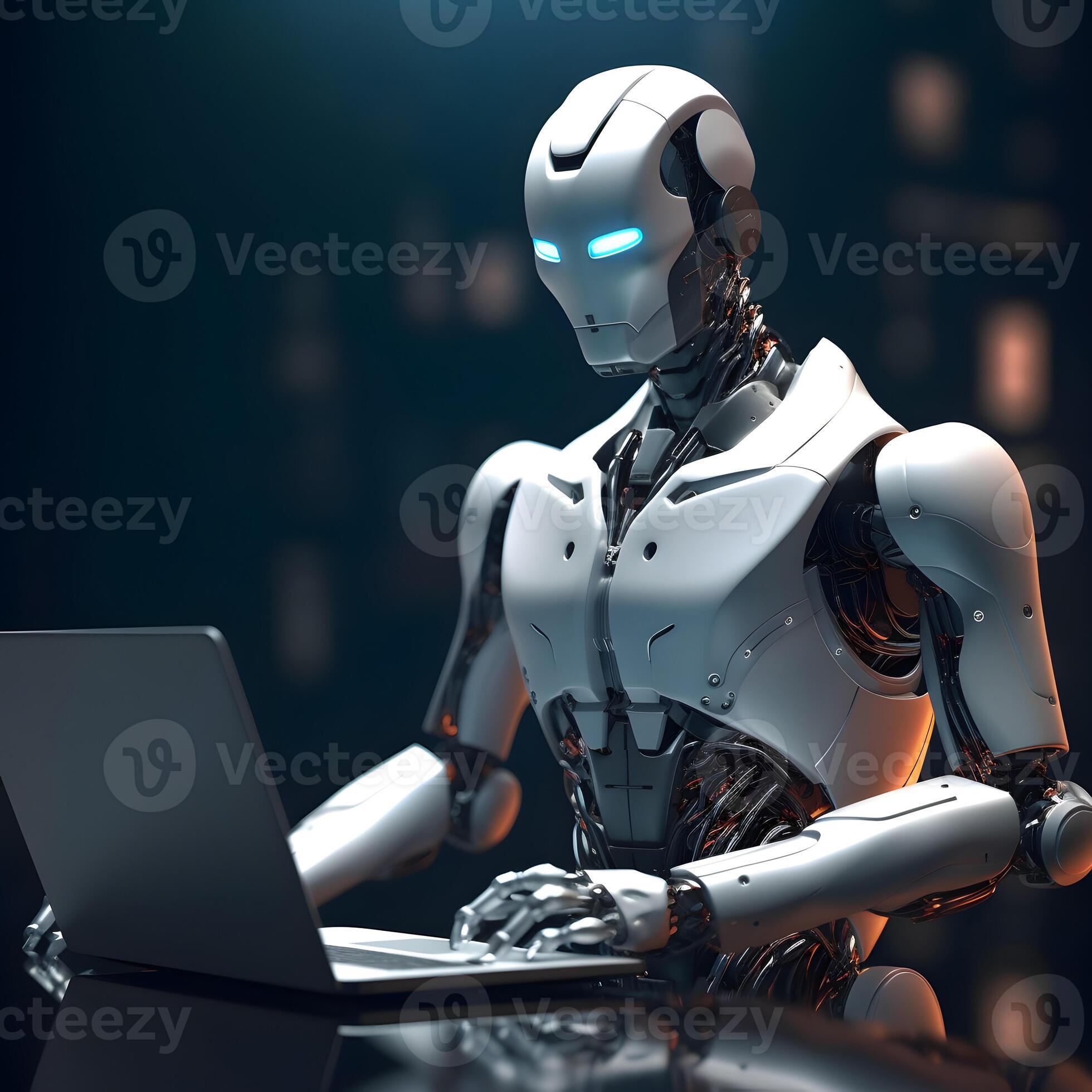 Futuristic robot using computer laptop. 25529582 Stock Photo at Vecteezy