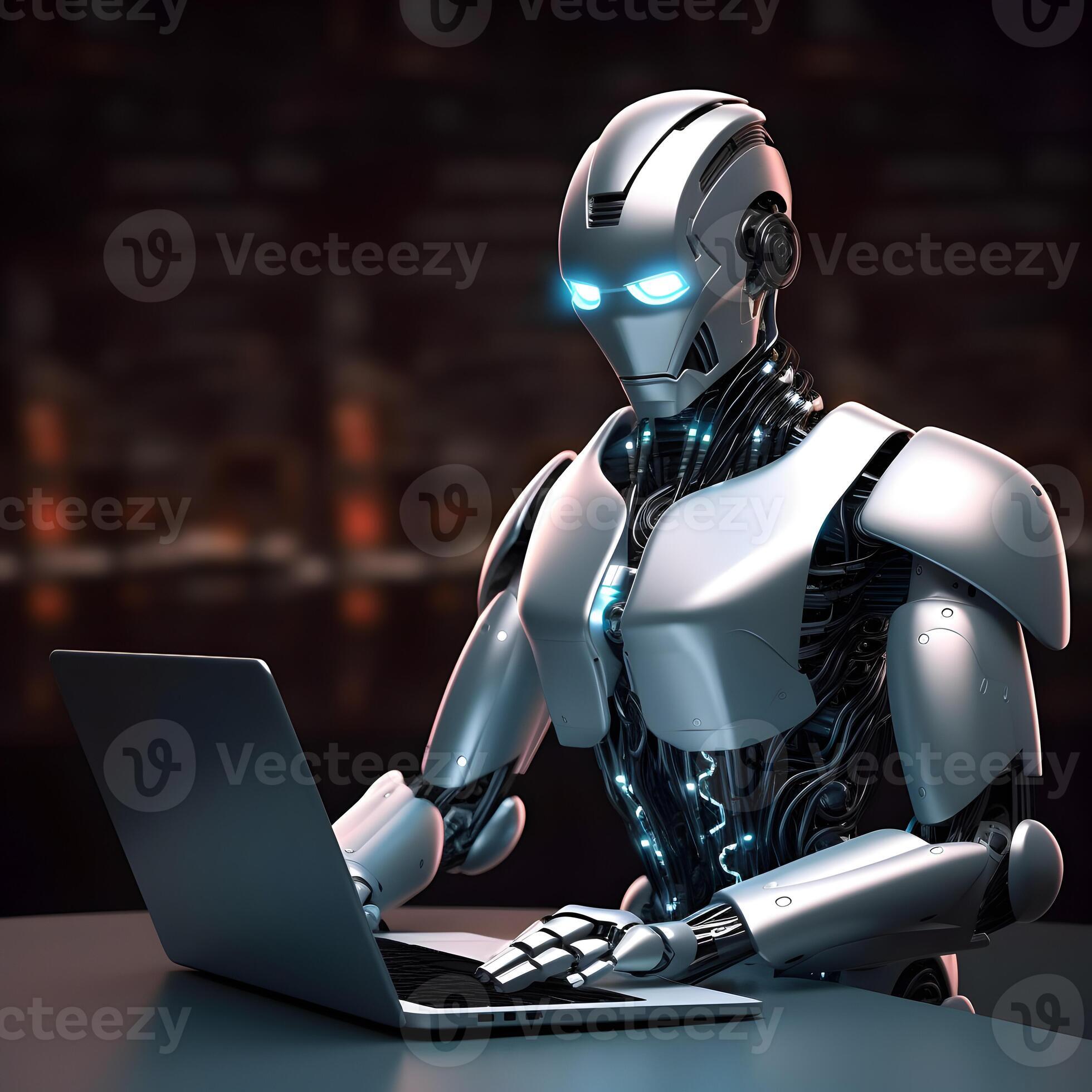 Futuristic robot using computer laptop. 25529583 Stock Photo at Vecteezy