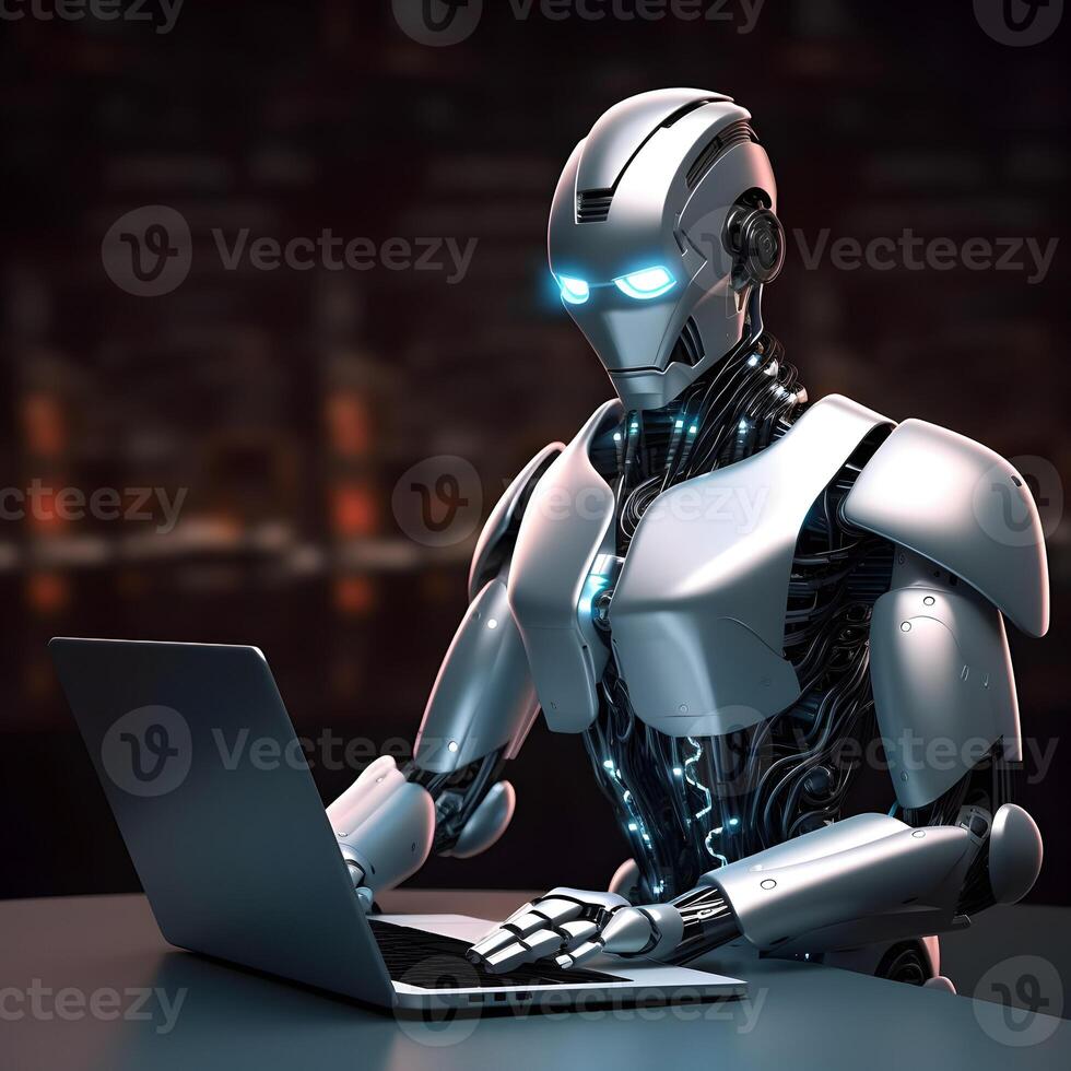 Futuristic robot using computer laptop. 25529583 Stock Photo at Vecteezy