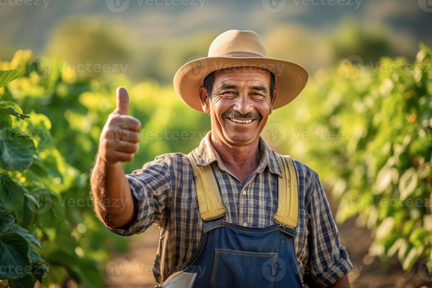 Smiling farmer standing in field showing thumb up, 25534345 Stock Photo at Vecteezy