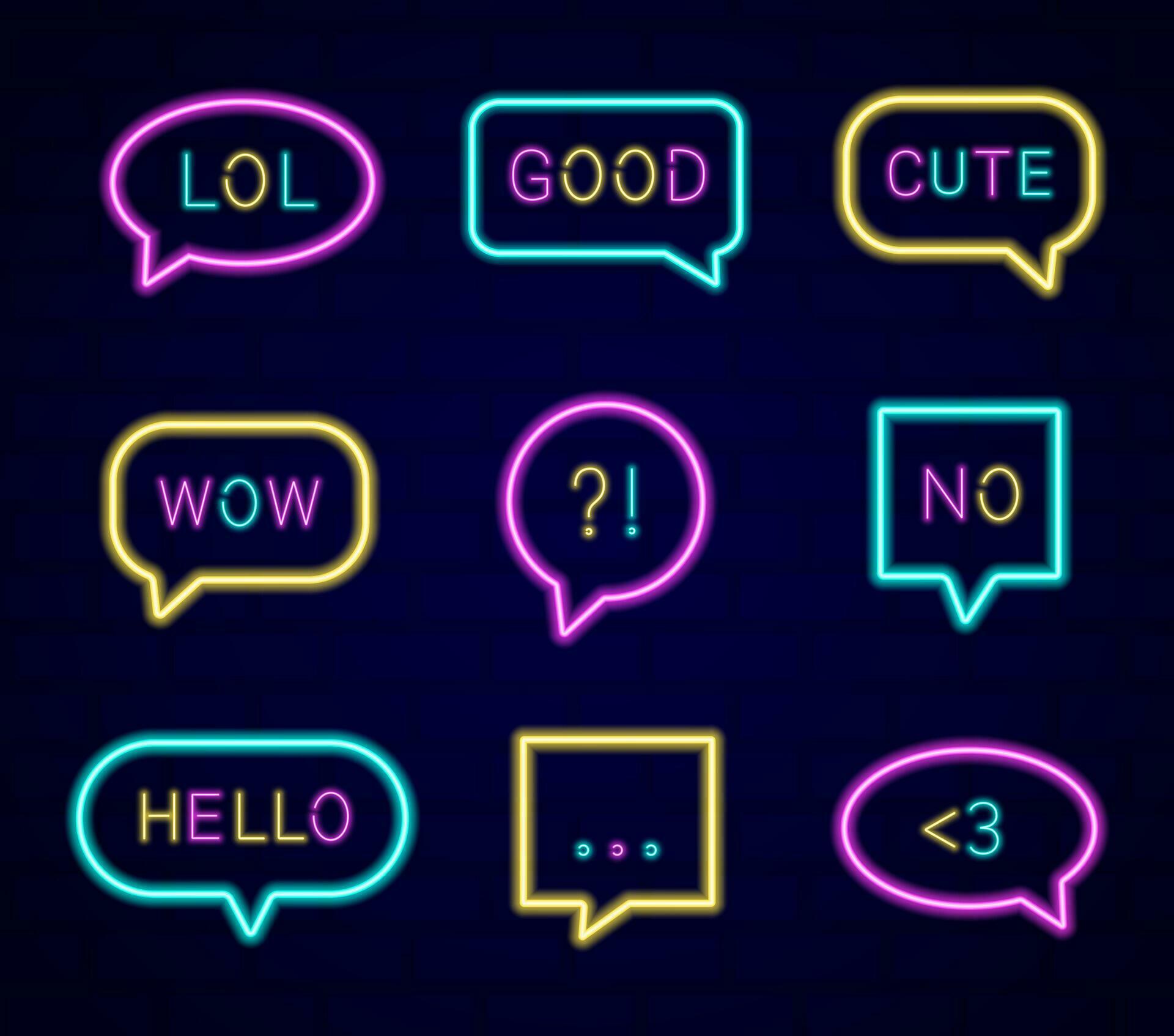 neon speech bubbles, signs, neon lettering, shiny, glowing effect, 90s, 80s style, messaging ...
