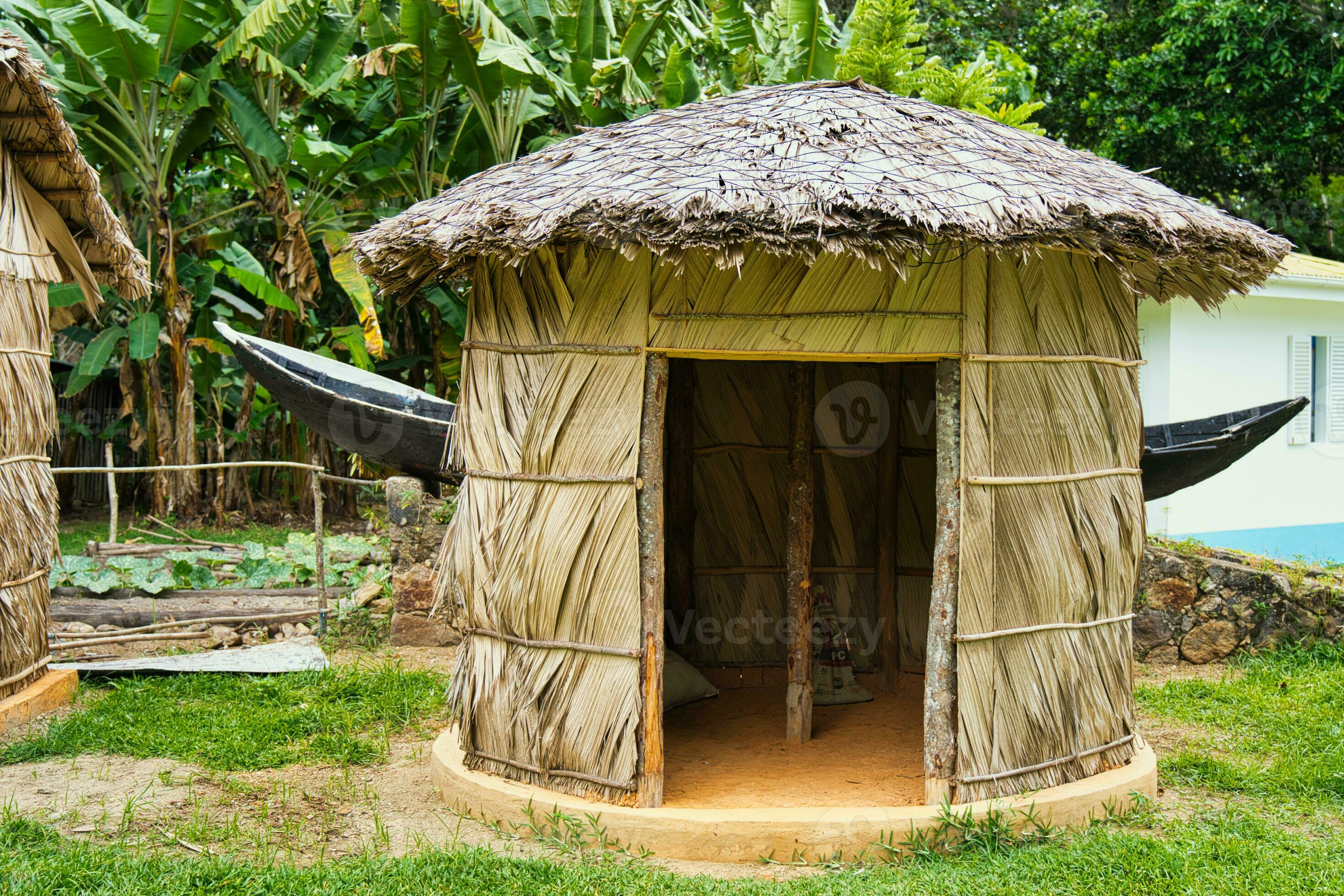 Typical traditional palm hut of the Seychelles, located at the craft village, Mahe Seychelle ...