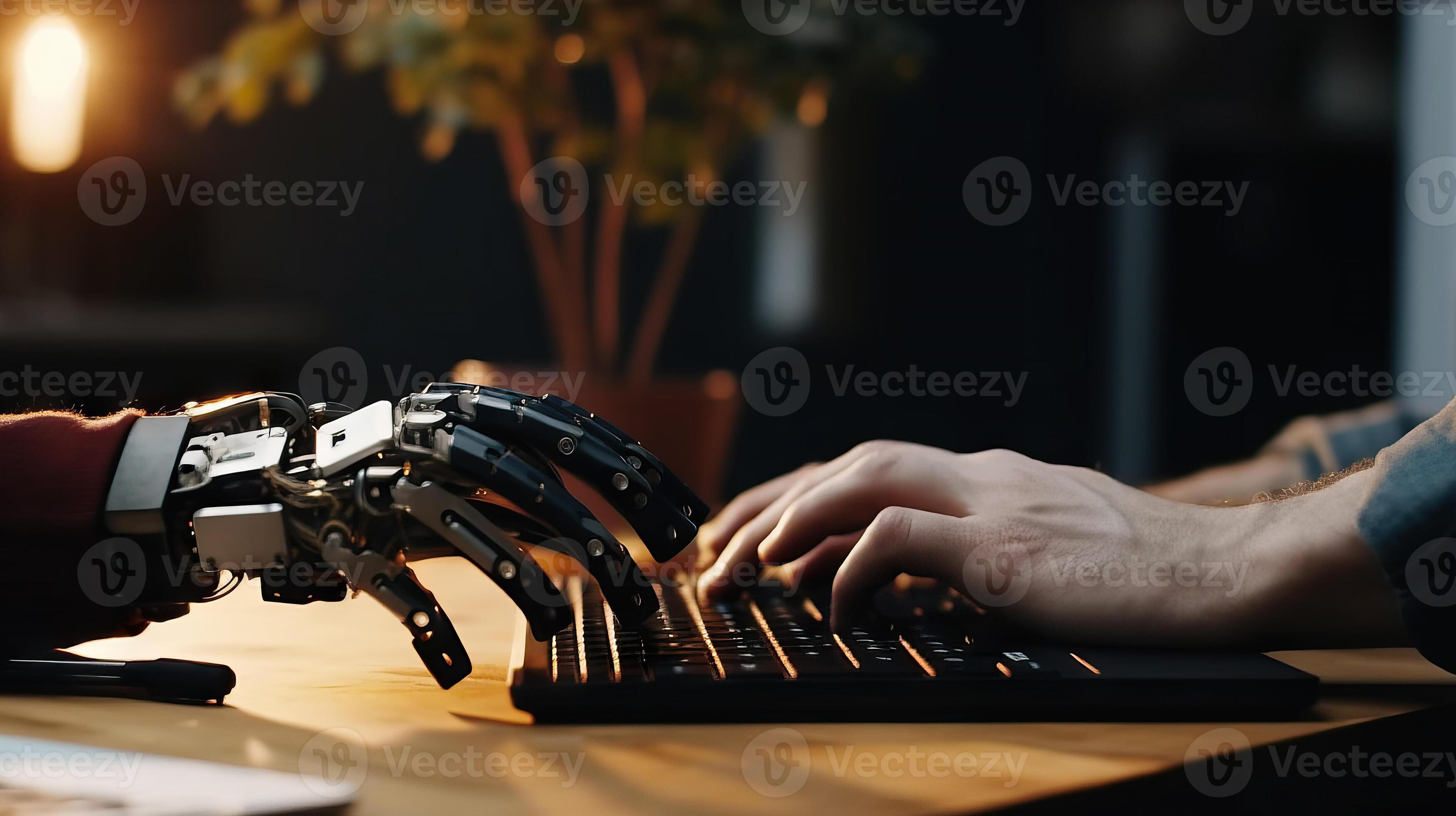 Close up of robot and human hands typing on keyboard at table in room ...
