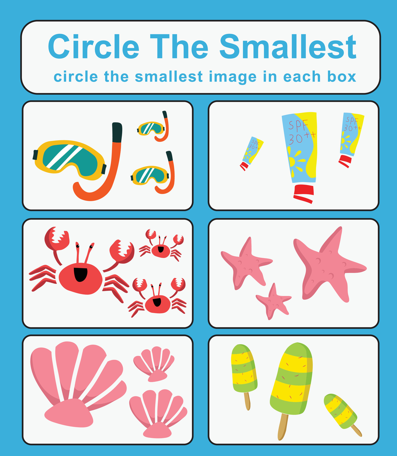 Educational game for children. Circle the smallest object in each box ...