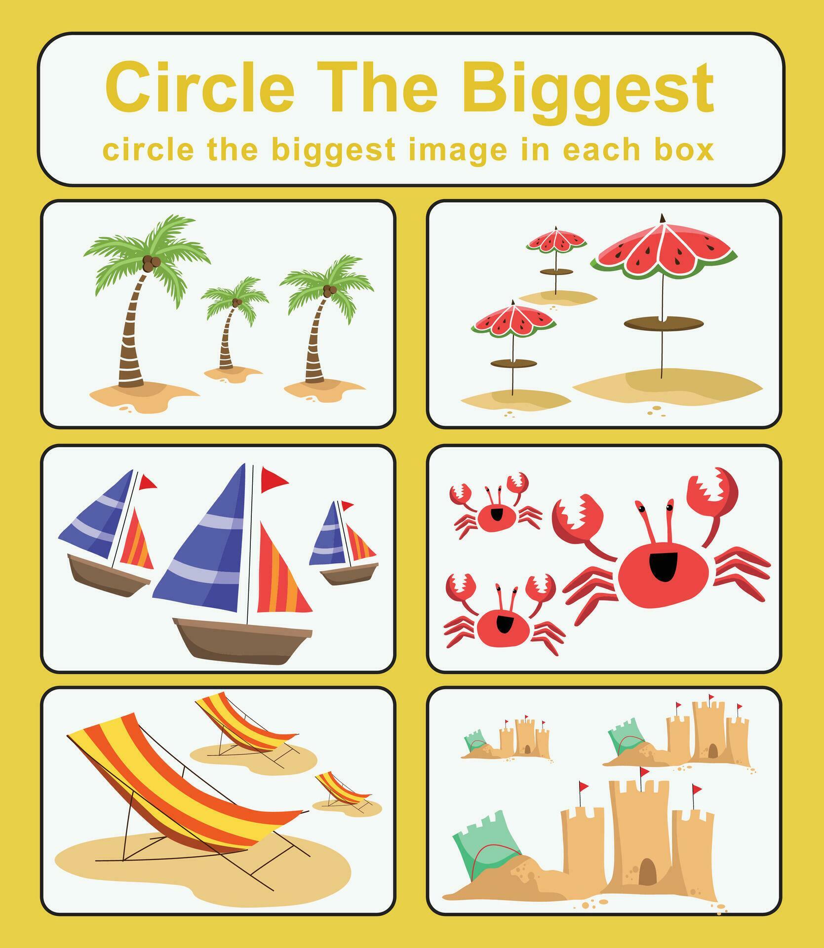 Educational game for children. Circle the biggest object in each box ...