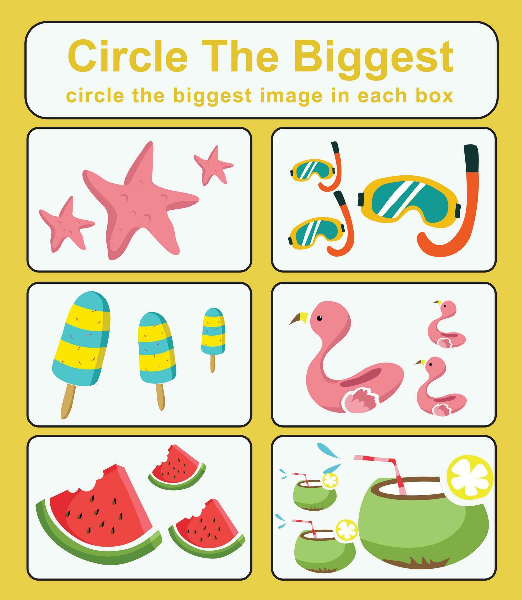 Educational game for children. Circle the biggest object in each box ...