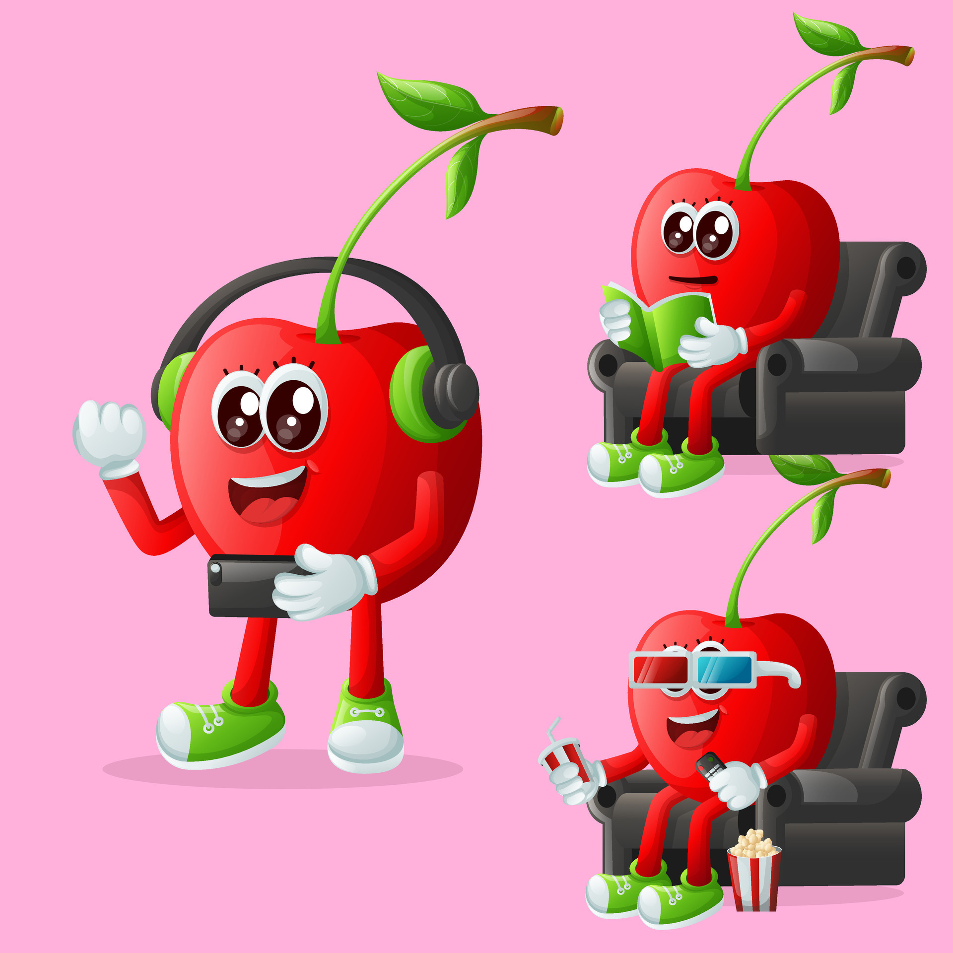 Cute Cherry Characters Enjoying Leisure Activities 25551331 Vector Art At Vecteezy