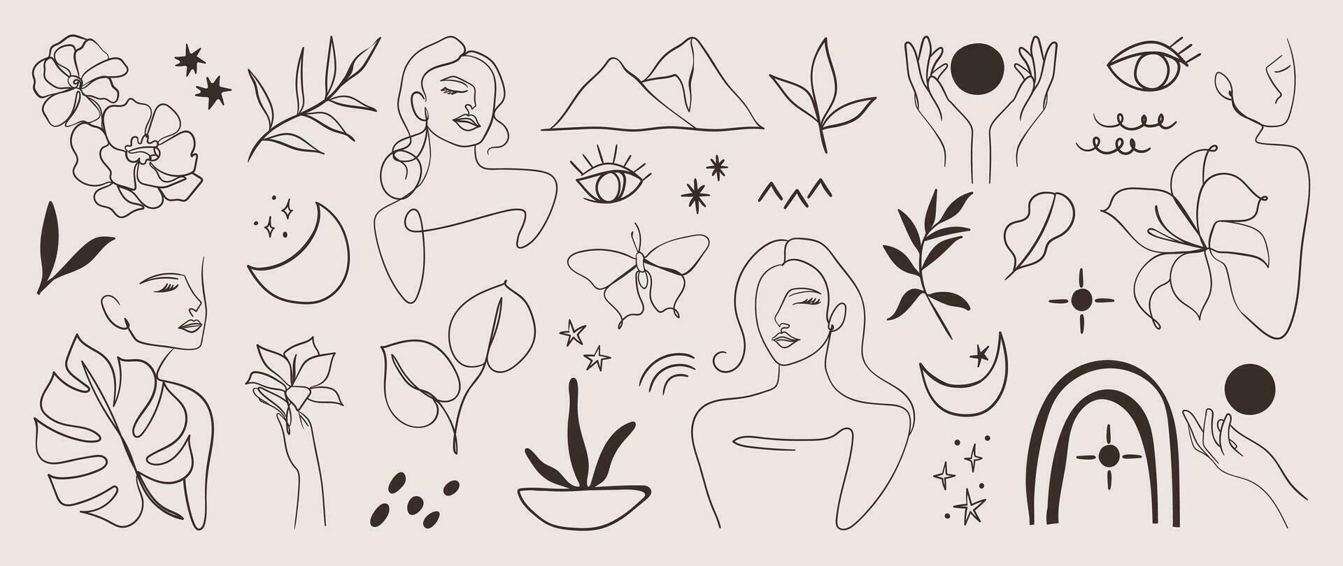 Minimal Hand Drawn Line Art Vector Set Aesthetic Line Art Design With Woman Body Face Hands