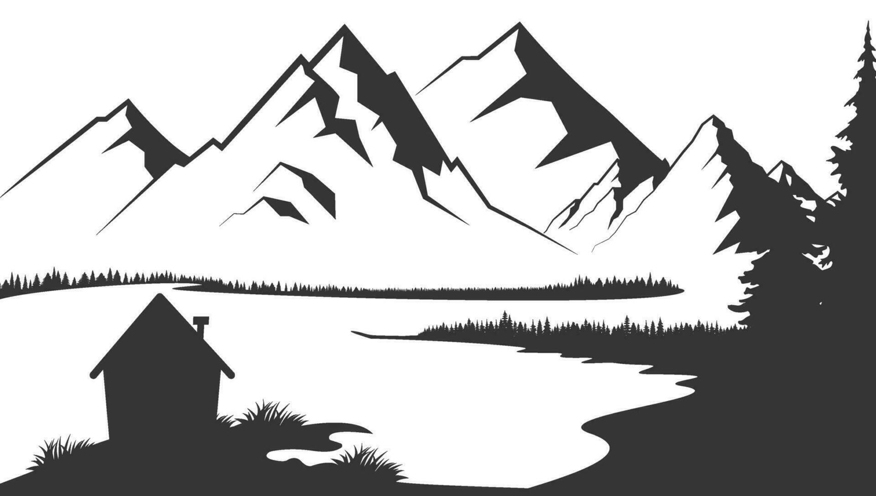 Mountain lake silhouette graphic art black white landscape illustration vector. Mountain and ...