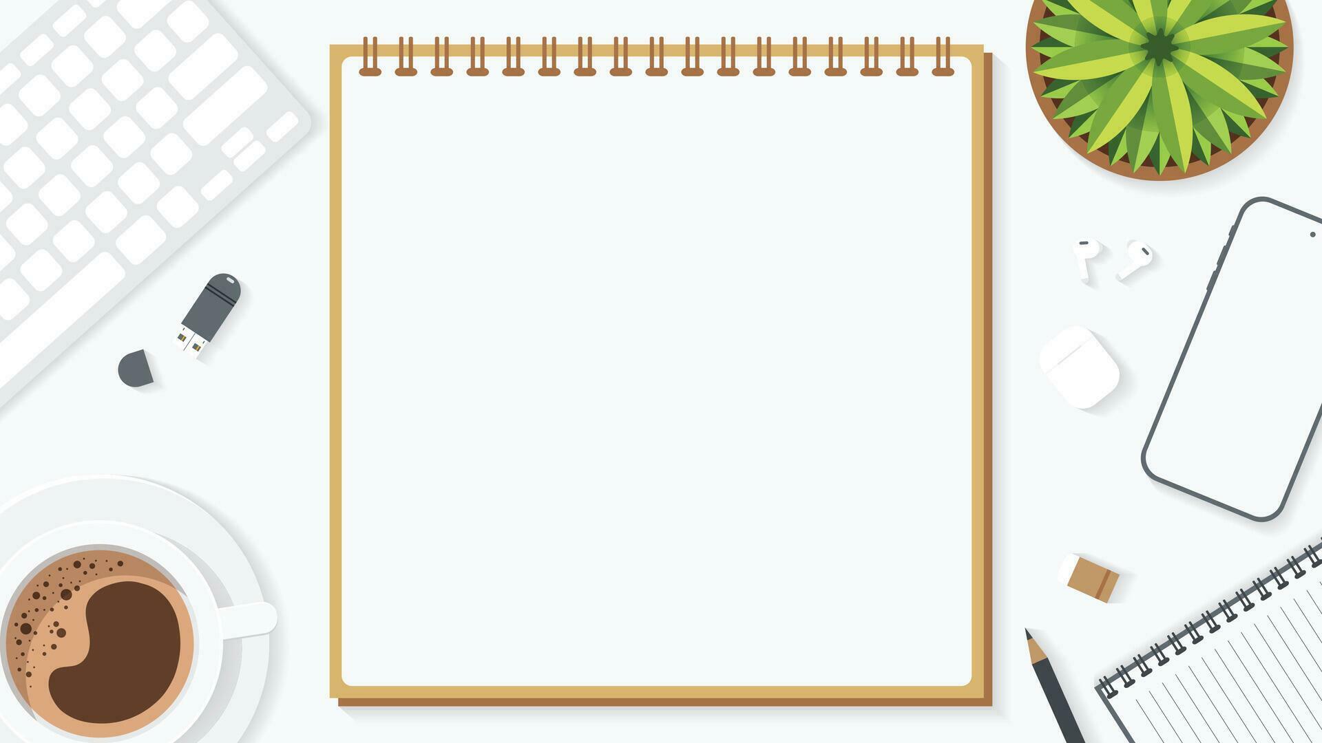 Cover and banner of working desk with gadget. Top view of table working ...