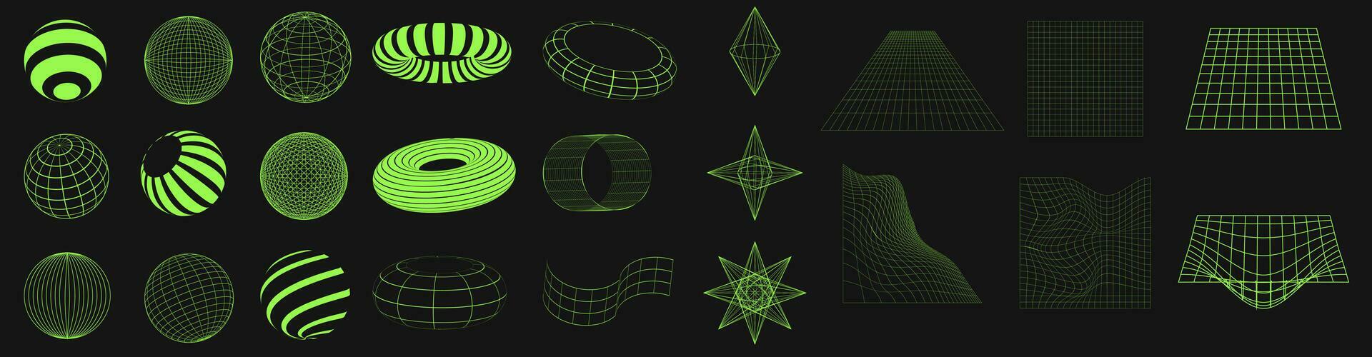 Big Set Of Wireframe Shapes Cyber Neo Futuristic Grids 3d Mesh