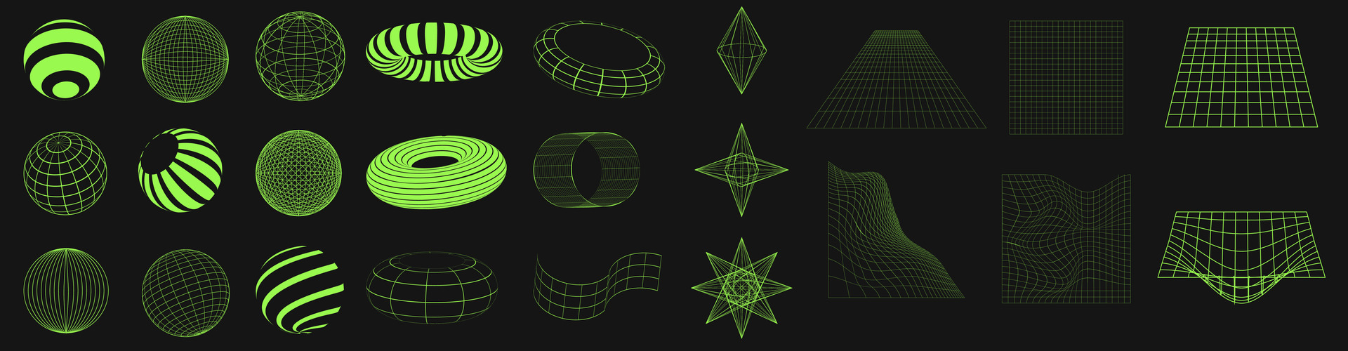 Big set of wireframe shapes. Cyber neo futuristic grids, 3d mesh objects and shapes. Wireframe ...