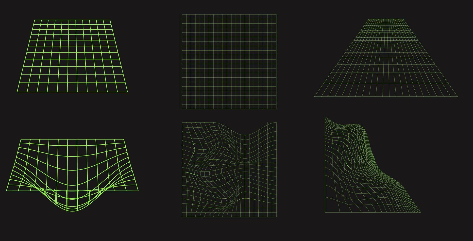 Set of wireframe shapes. Cyber neo futuristic grids, 3d mesh objects. Wireframe wavy geometric ...