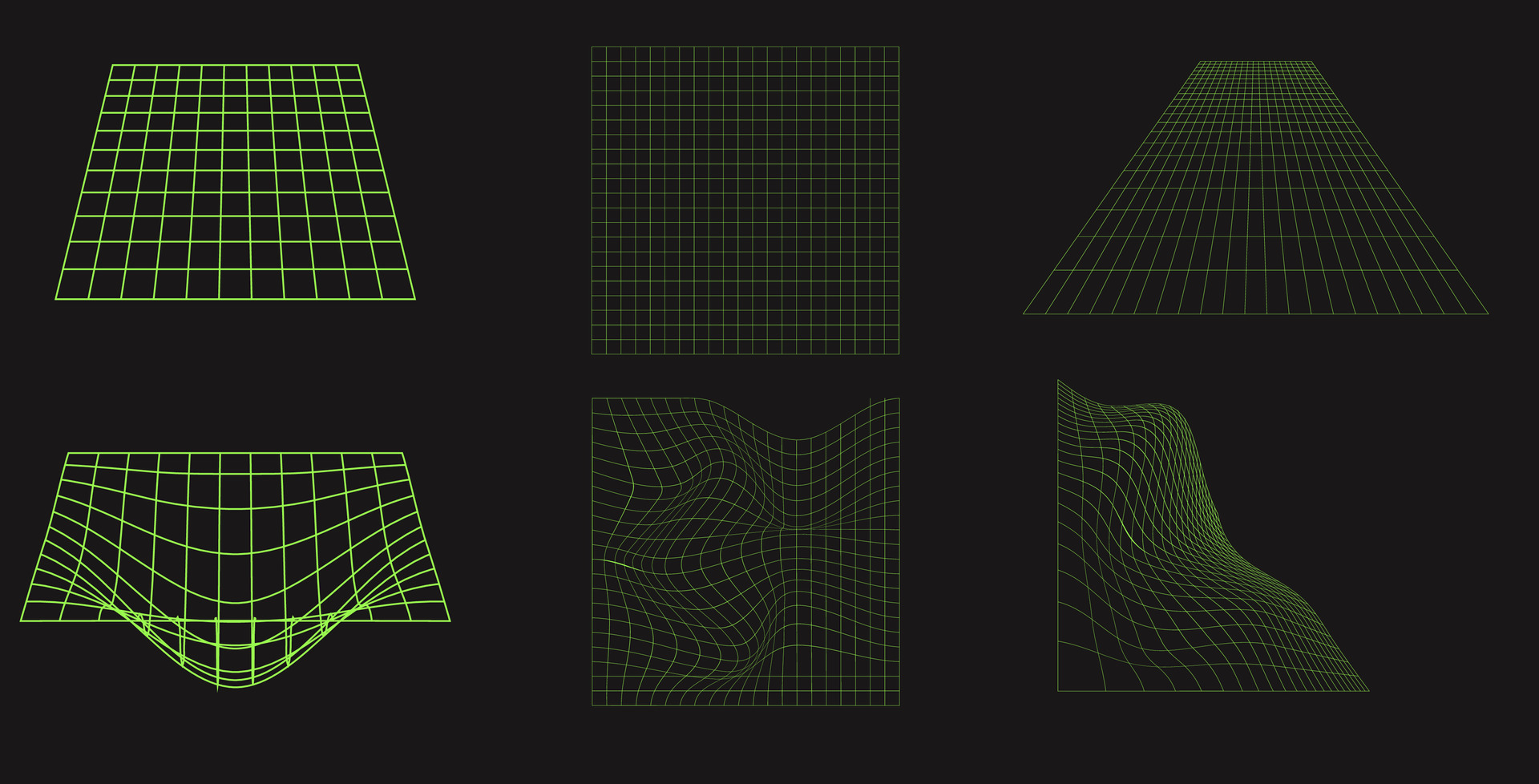 Set of wireframe shapes. Cyber neo futuristic grids, 3d mesh objects. Wireframe wavy geometric ...