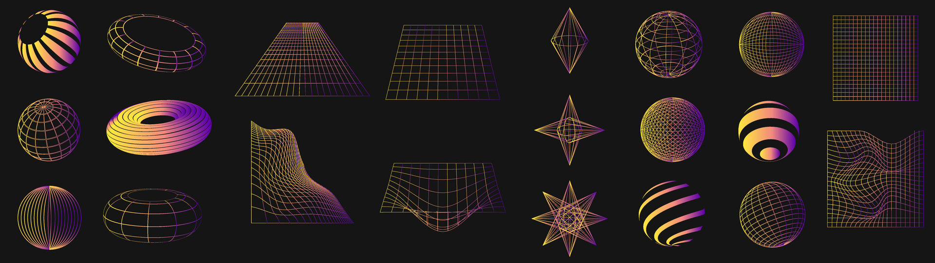 Big Set Of Wireframe Shapes Cyber Neo Futuristic Grids 3d Mesh