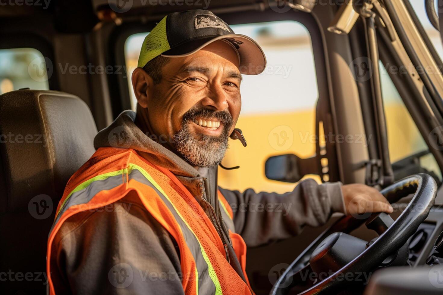 a smiling male truck driver at the wheel of a truck with 25663583 Stock ...