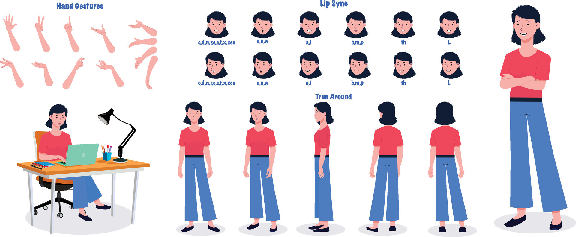 A Female Model Sheet Woman Creation Set Girl Turnaround Sheet Hand Gestures Lip Sync