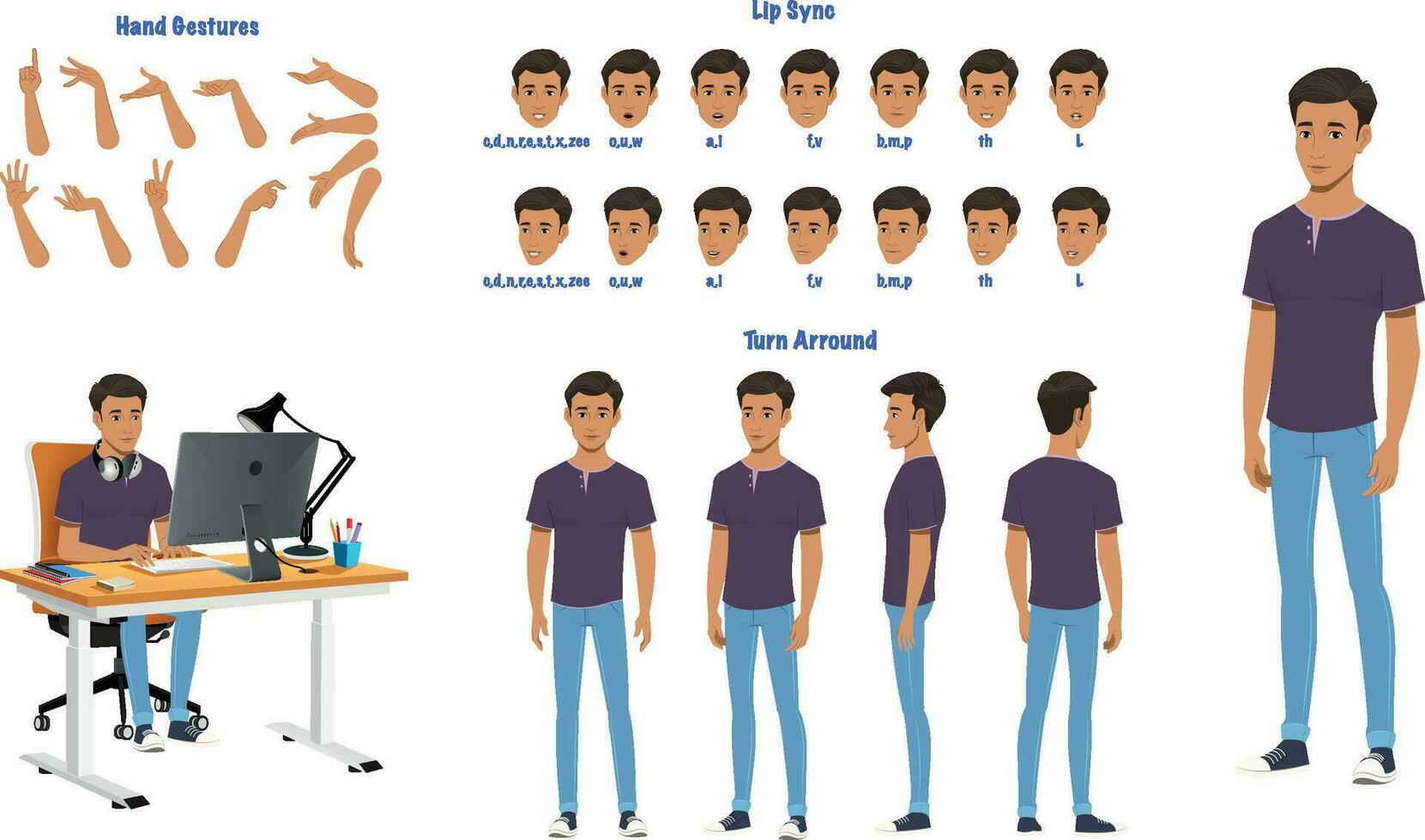 A young man character model sheet for animation. Character model sheet ...