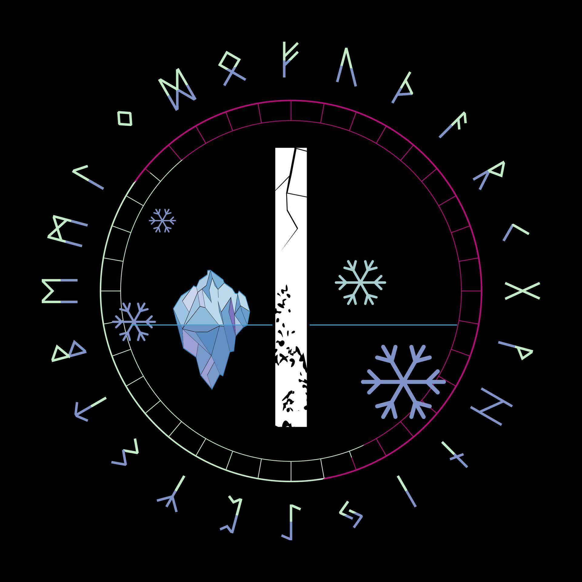 Design for a runic letter t-shirt called Isa next to an iceberg and the symbol of ice isolated ...