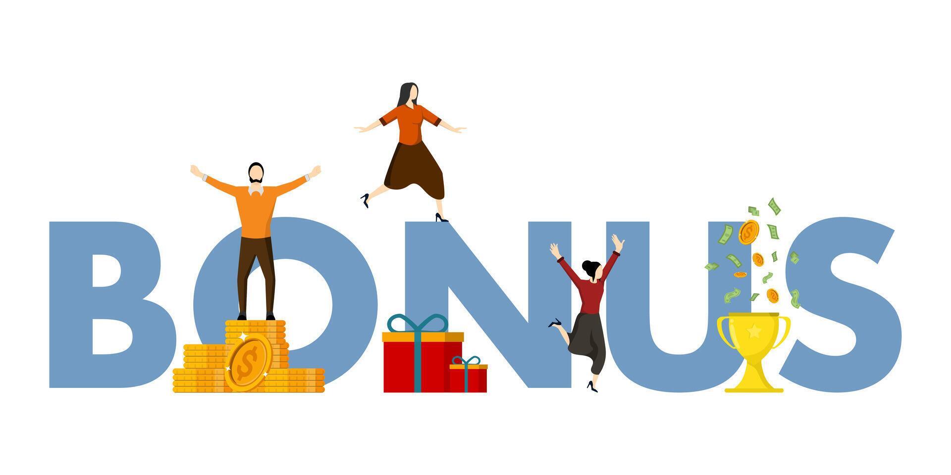 Concept of money bonus, reward program, salary payment. People get prizes and cash bonuses ...