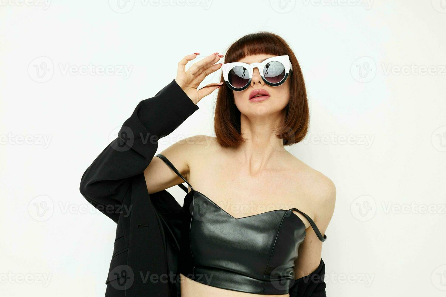 Beautiful Woman Posing With Sunglasses A Leather Suit Black Jacket