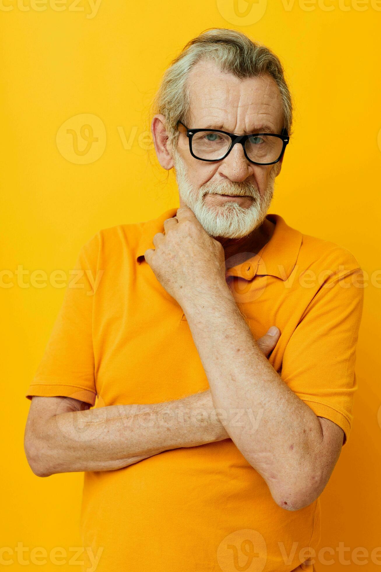 Elderly Man Posing Yellow Tshirt Glasses Cropped View 25697976 Stock