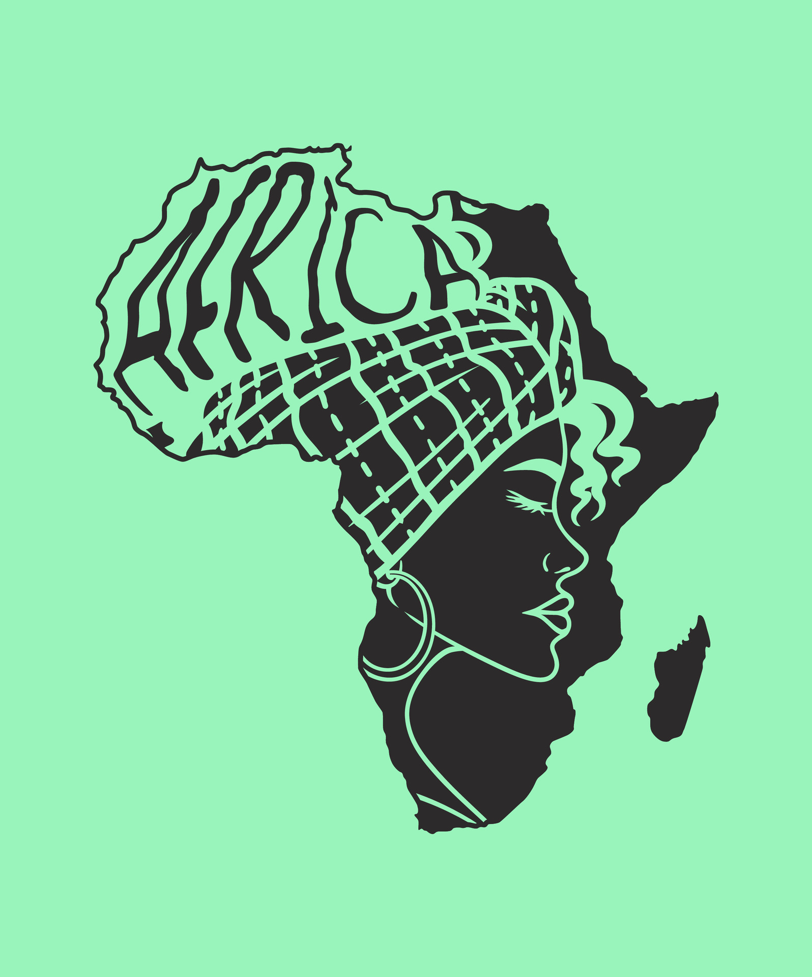 concepto de africano mujer, cara perfil silueta con turbante en el forma de un mapa de África ...
