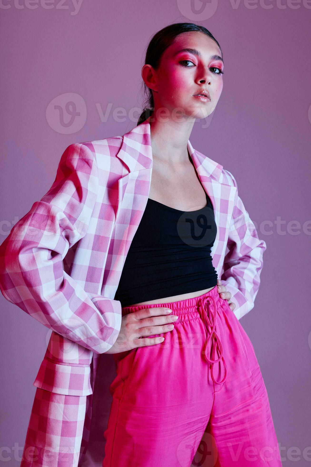 Pretty Woman Pink Pants Fashion Clothing Posing Isolated Background