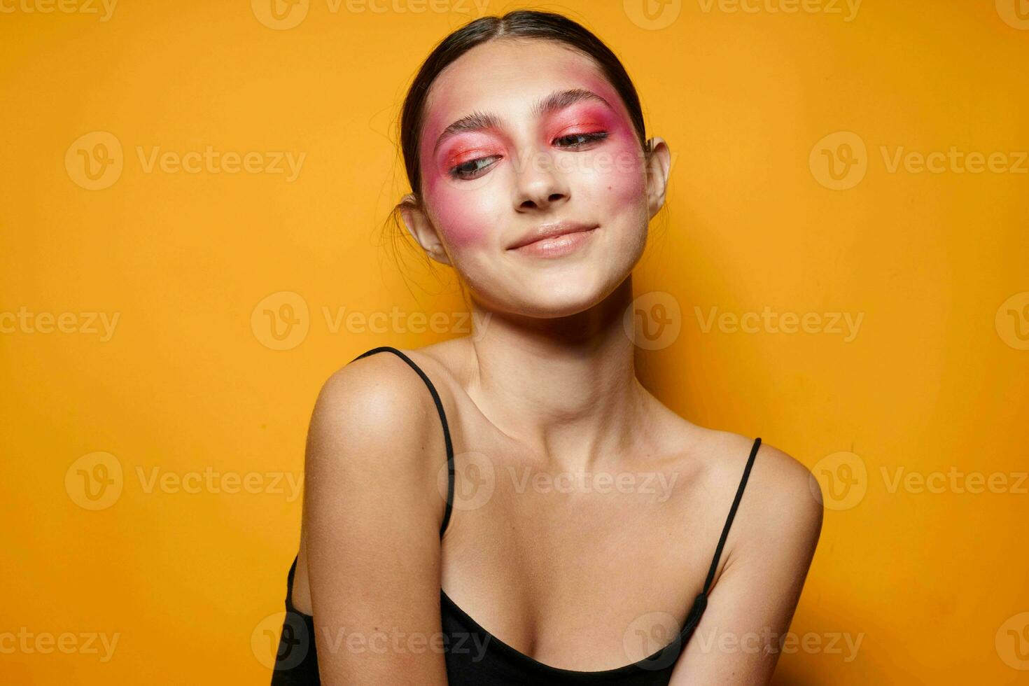 Portrait Of Beautiful Young Woman Smile Bright Pink Makeup Emotions
