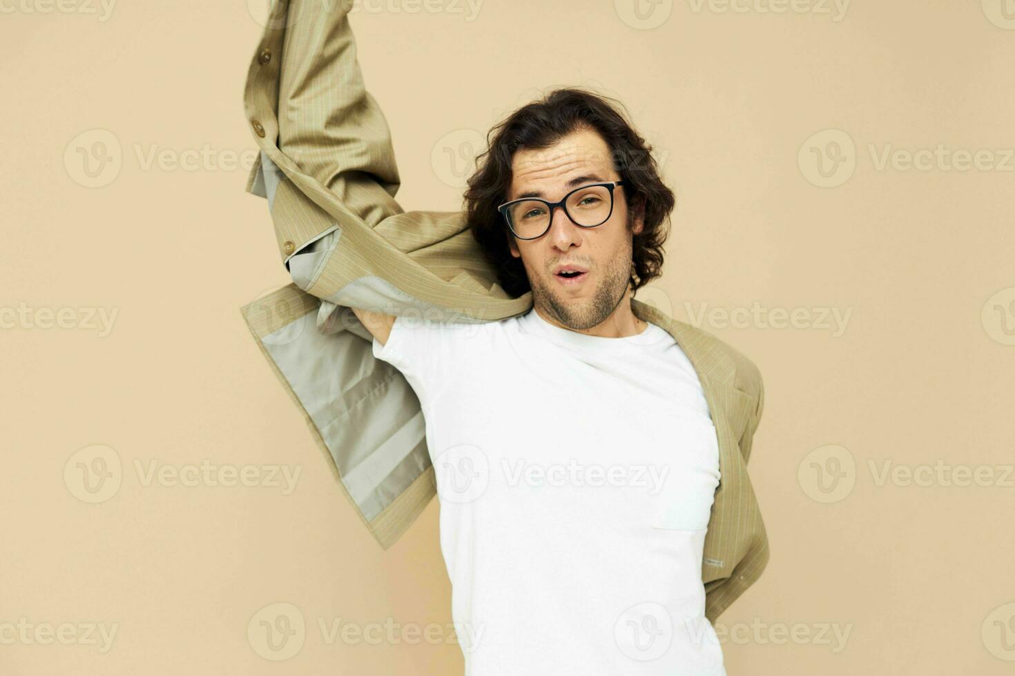 Handsome Man Spectacled Beige Suit Elegant Style Beige Background