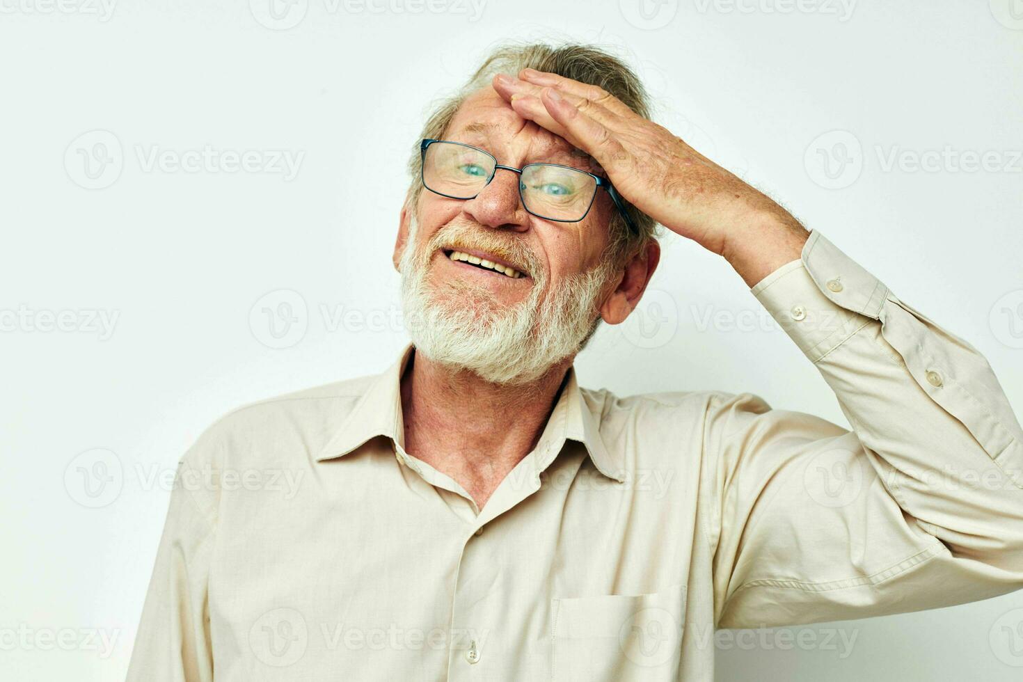 Photo of retired old man smile emotion hand gesture cropped view ...