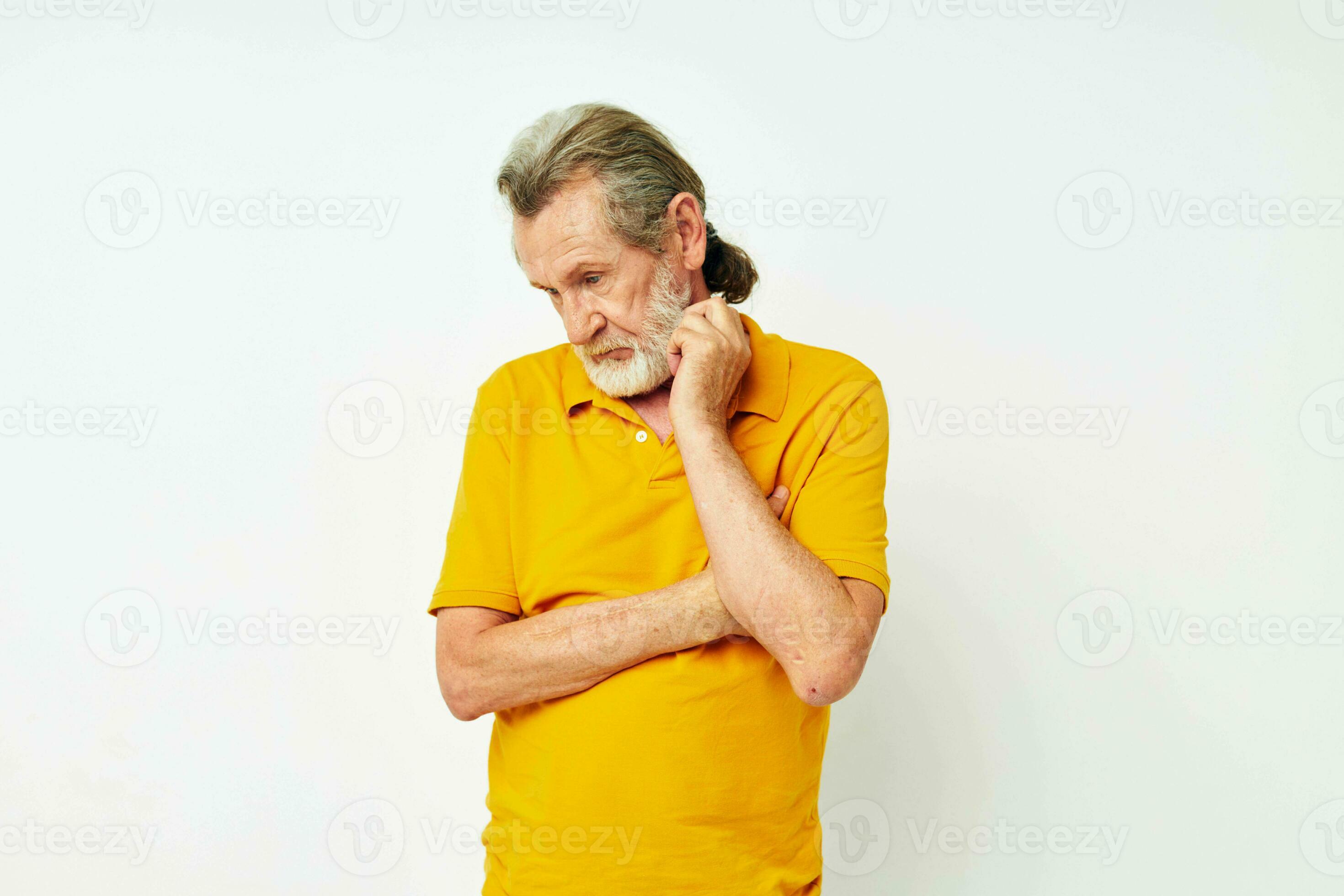 Portrait elderly man with a gray beard emotion gestures hands isolated ...