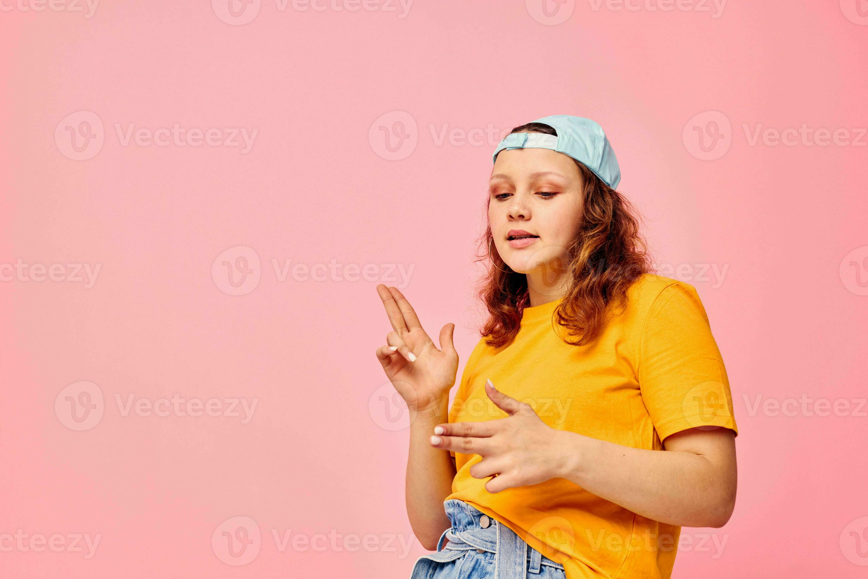 portrait of a young woman grimace posing summer style fashion isolated ...