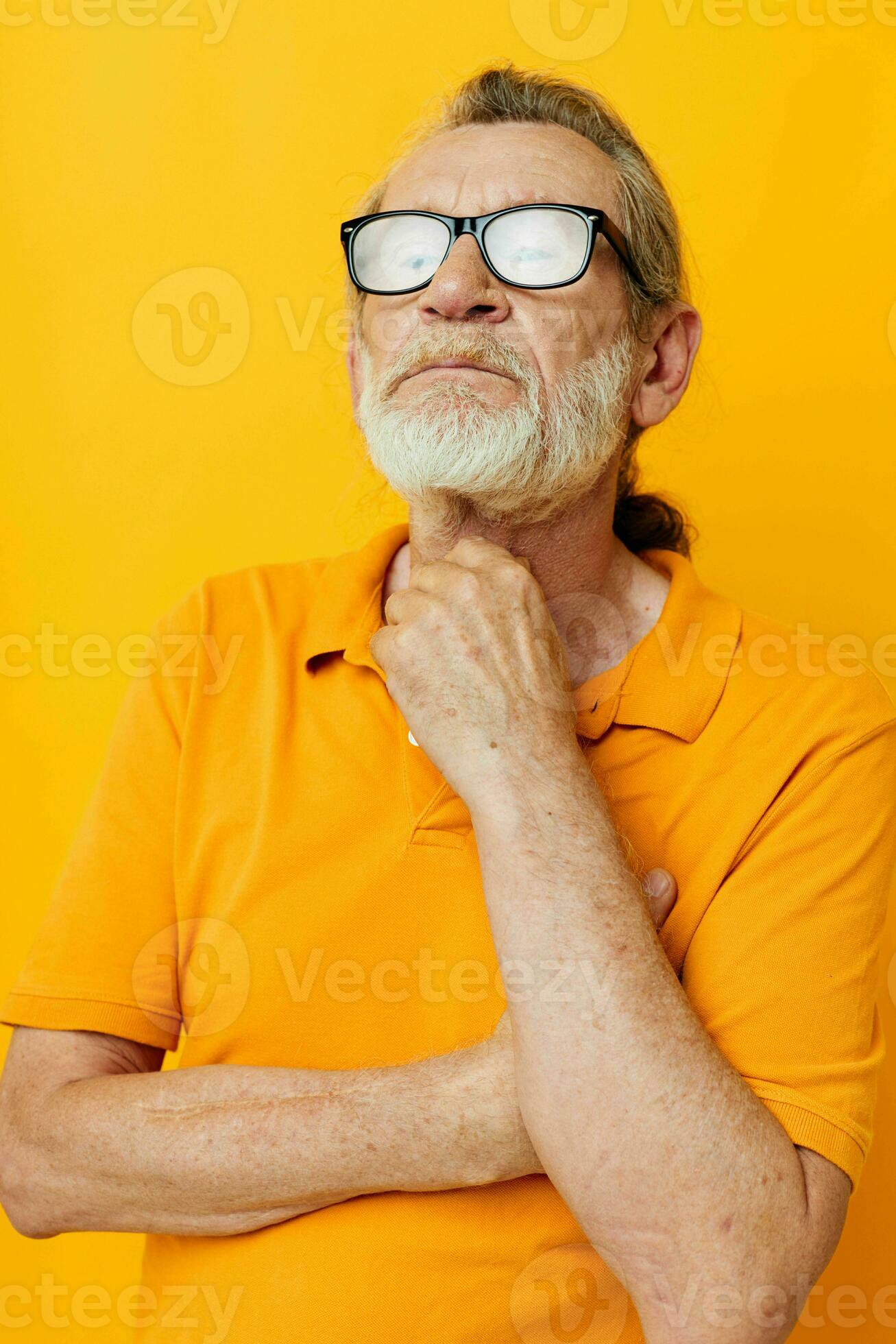 Elderly Man Posing Yellow Tshirt Glasses Cropped View 25710236 Stock