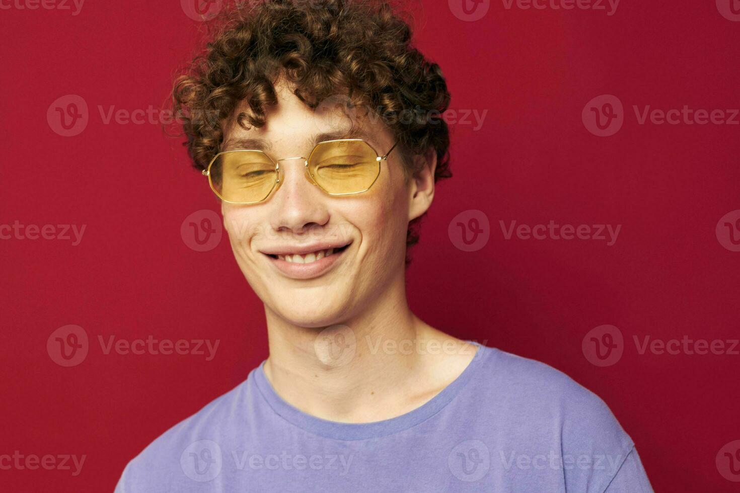 Guy With Red Curly Hair In Yellow Glasses Purple T Shirt Emotions Youth Style 25711987 Stock