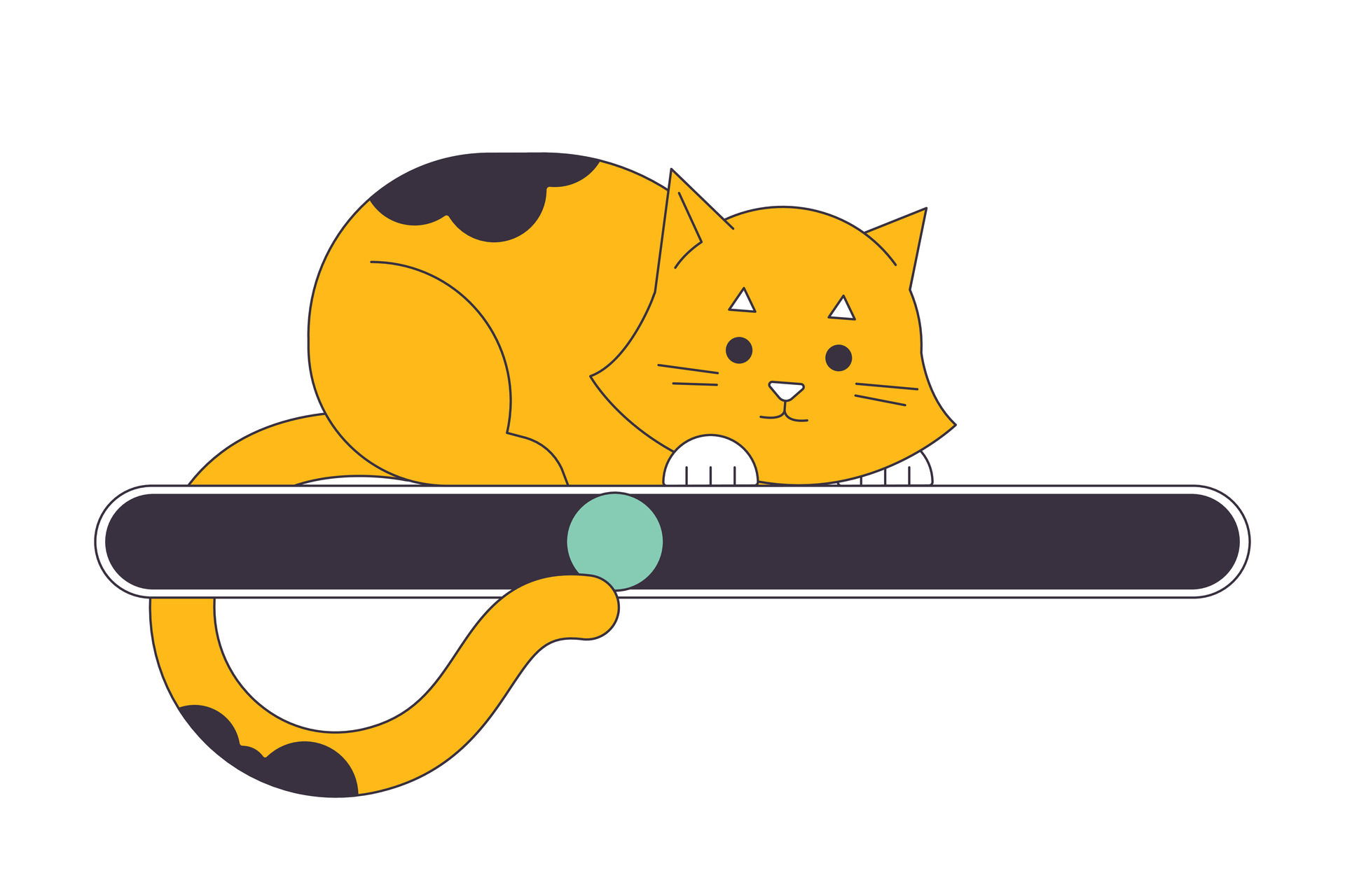 Cute playful cat on loading bar flat design. Small kitty looking at ...