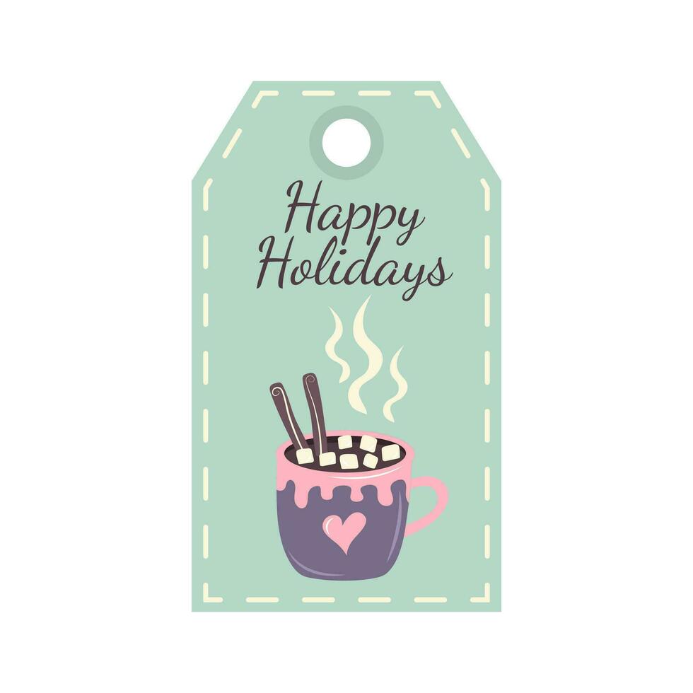 Christmas tag with coffee mug. Happy Holidays. Holiday gift label ...