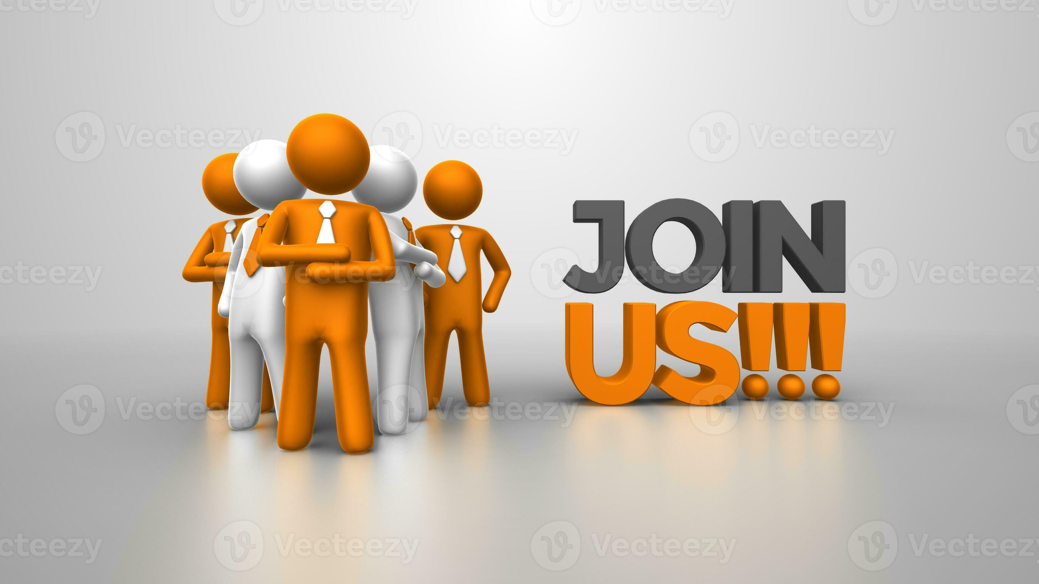 JOIN US text and 3D people with landscape orientation, orange and white color with white ...