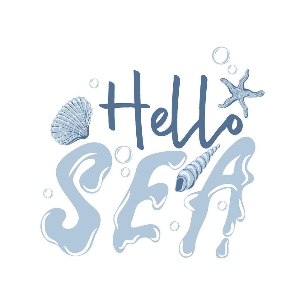 Hello sea. Funny quote about summer time with starfish and seashells 25753940 Vector Art at Vecteezy