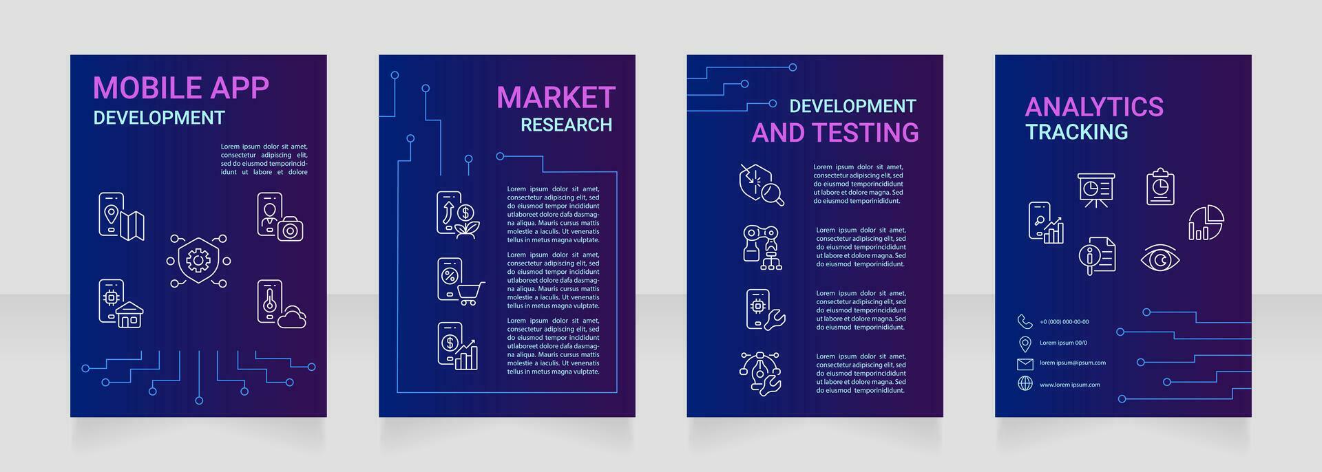Mobile app development purple premade brochure template. Digital marketing. Programming tools ...