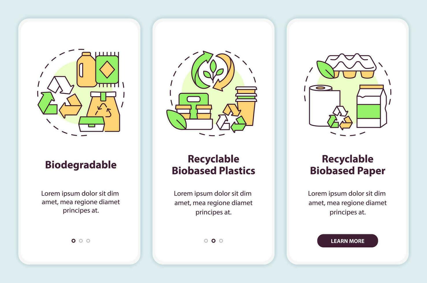 Bio Based Materials Onboarding Mobile App Screen Recyclable Products Walkthrough 3 Steps
