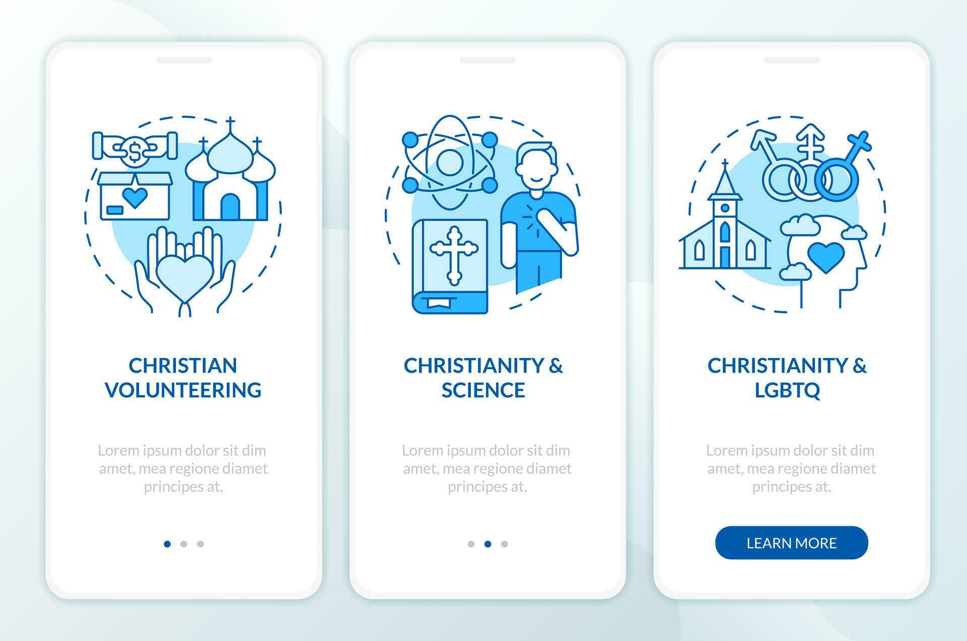 Modern Christianity blue onboarding mobile app screen. Religion walkthrough 3 steps editable ...